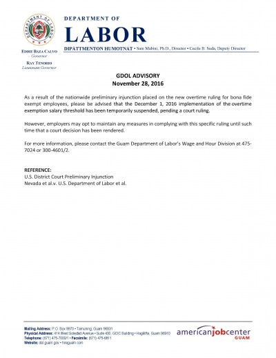 GDOL Advisory – Overtime Ruling - Government of Guam, Department of Labor